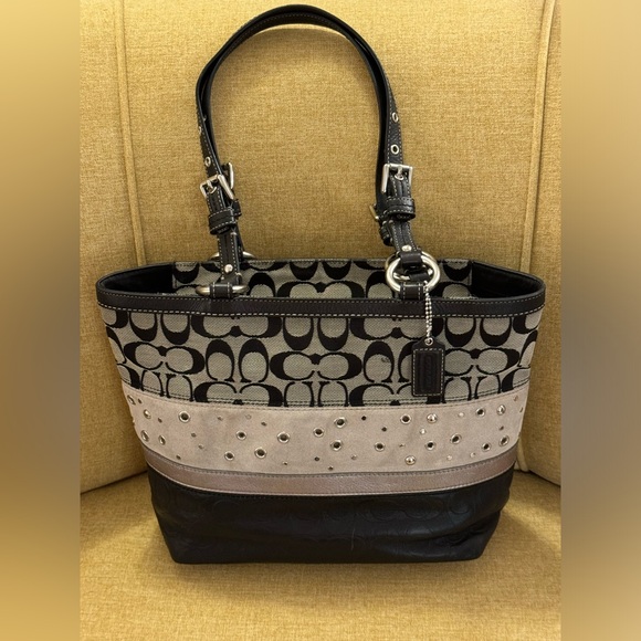 Coach | Bags | Coach Signature Jacquard Suede Patchwork Leather Tote W ...